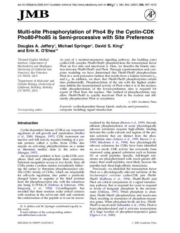(PDF) Multi-site phosphorylation of pho4 by the cyclin-CDK pho80-pho85 ...