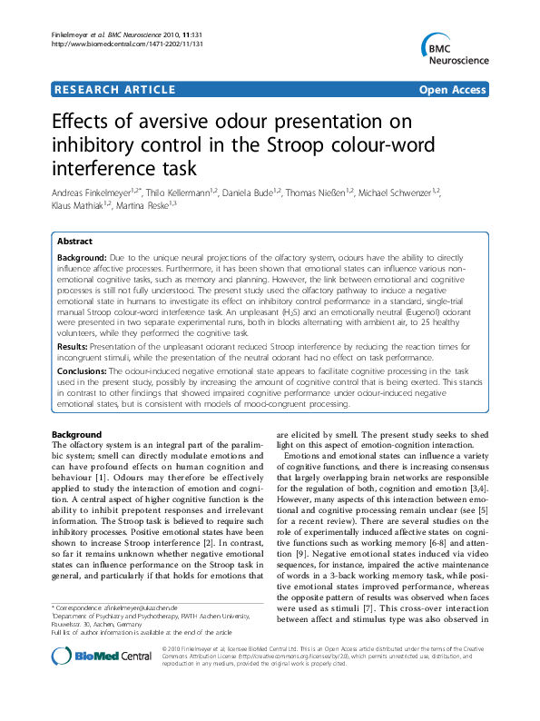 (PDF) Effects of aversive odour presentation on inhibitory control in ...