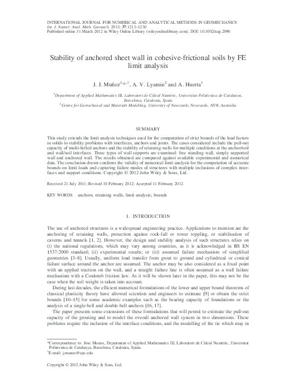 (PDF) Stability of anchored sheet wall in cohesive-frictional soils by FE limit analysis