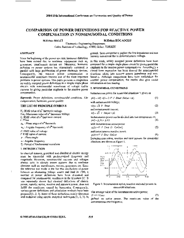 Pdf Comparison Of Power Definitions For Reactive Power Compensation