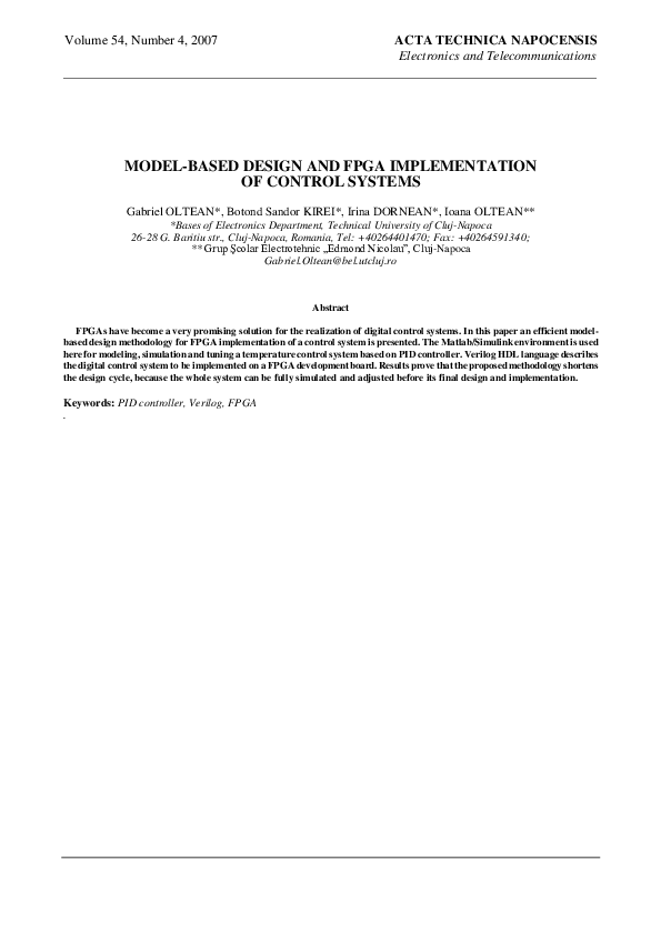 (PDF) Model-Based Design and FPGA Implementation of Control Systems