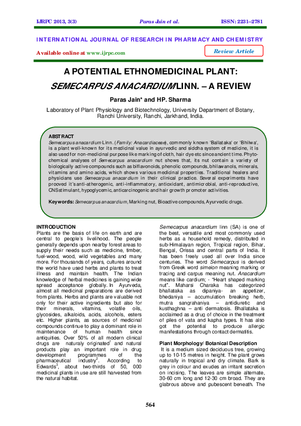 (PDF) A POTENTIAL ETHNOMEDICINAL PLANT: SEMECARPUS ANACARDIUM LINN. – A REVIEW