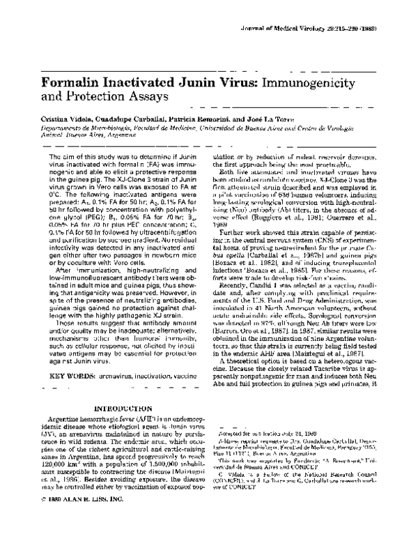 (PDF) Formalin inactivated junin virus: Immunogenicity and protection ...