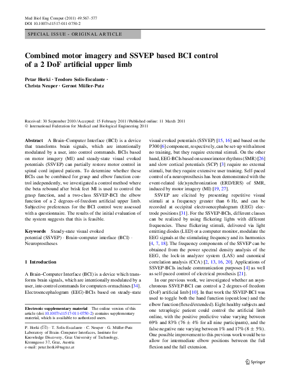 (PDF) Combined motor imagery and SSVEP based BCI control of a 2 DoF ...