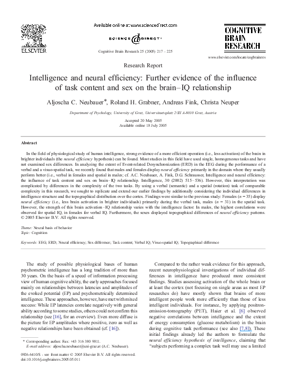 Pdf Intelligence And Neural Efficiency Further Evidence Of The Influence Of Task Content And