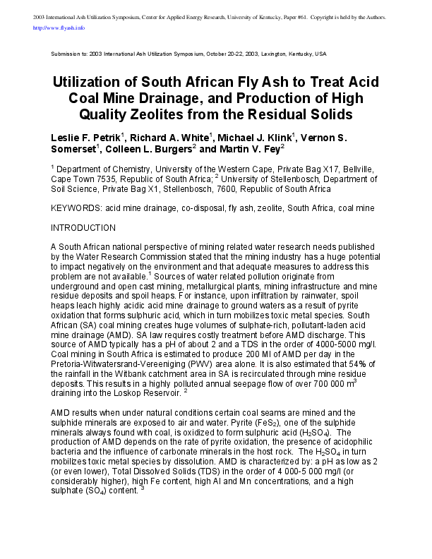 (PDF) Utilization of South African fly ash to treat acid coal mine ...