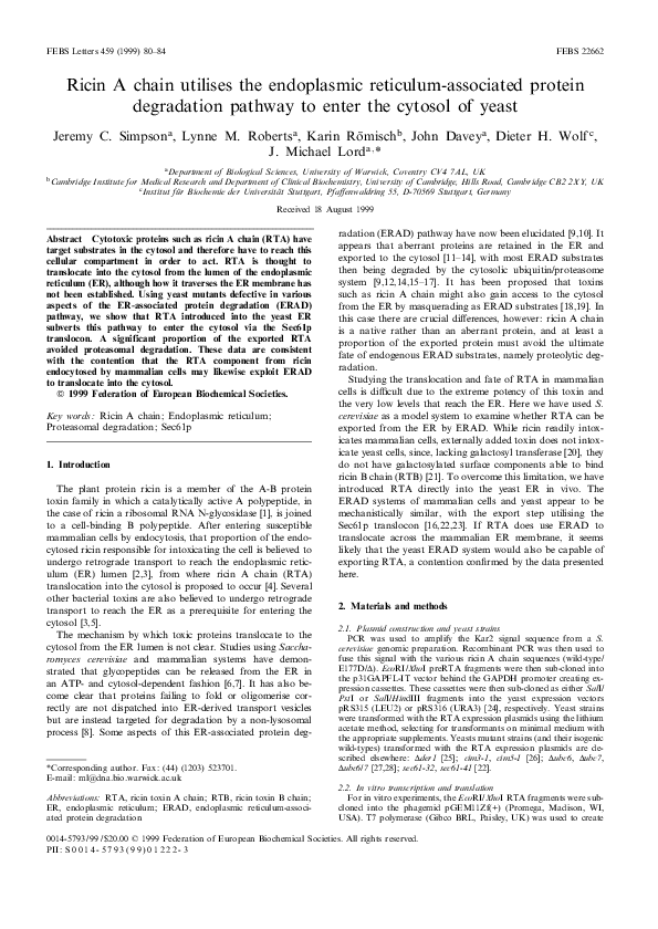 (PDF) Ricin A chain utilises the endoplasmic reticulum-associated ...