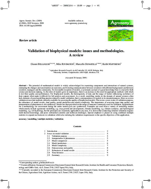 (PDF) Validation of biophysical models: issues and methodologies. A review