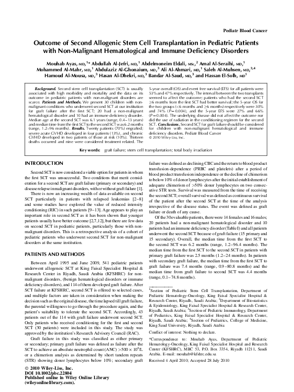 (PDF) Outcome of second allogenic stem cell transplantation in pediatric patients with non ...