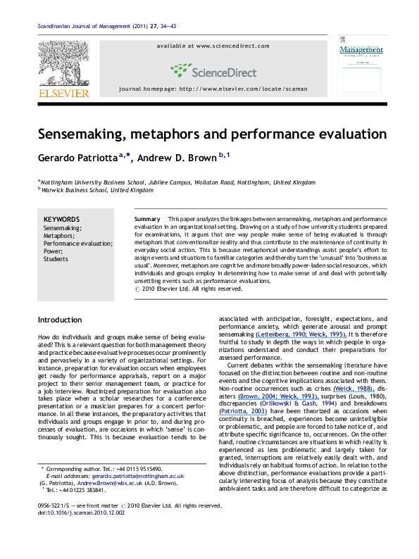 (PDF) Sensemaking, metaphors and performance evaluation