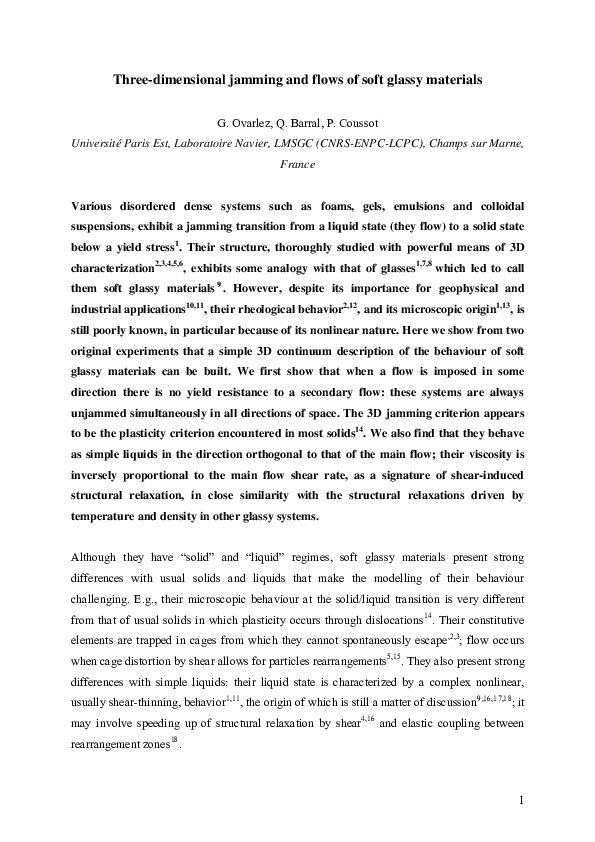 (PDF) Three-dimensional jamming and flows of soft glassy materials