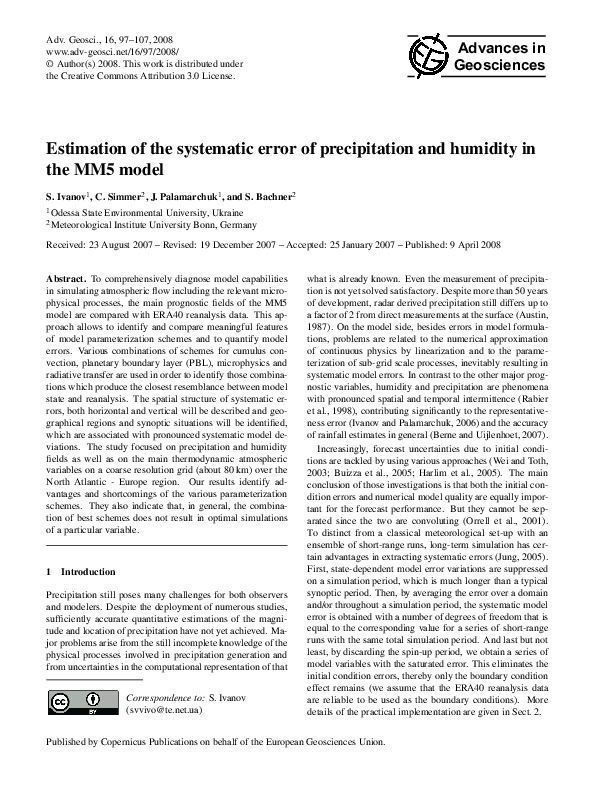(PDF) Estimation of the systematic error of precipitation and humidity in the MM5 model