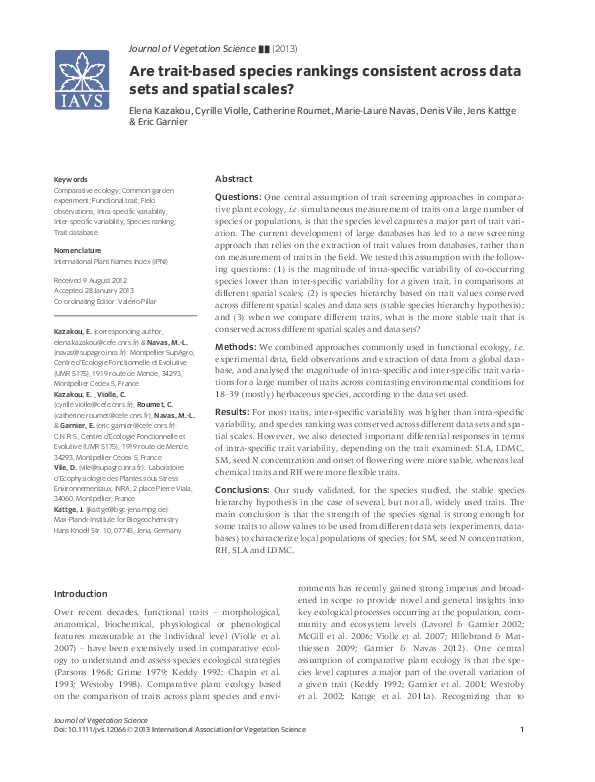 (PDF) Are trait-based species rankings consistent across data sets and ...