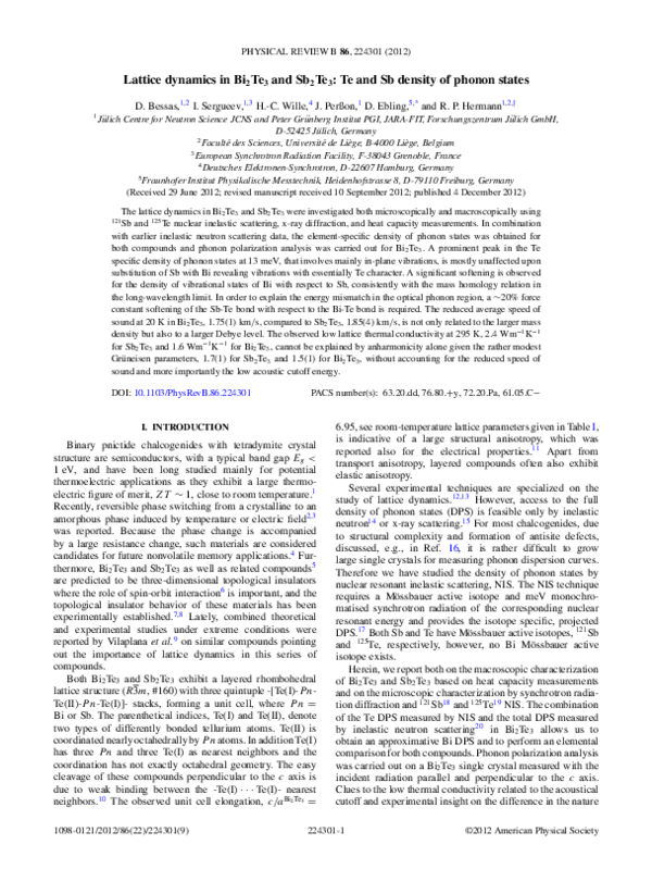 (PDF) Lattice dynamics in Bi 2 Te 3 and Sb 2 Te 3: Te and Sb density of ...