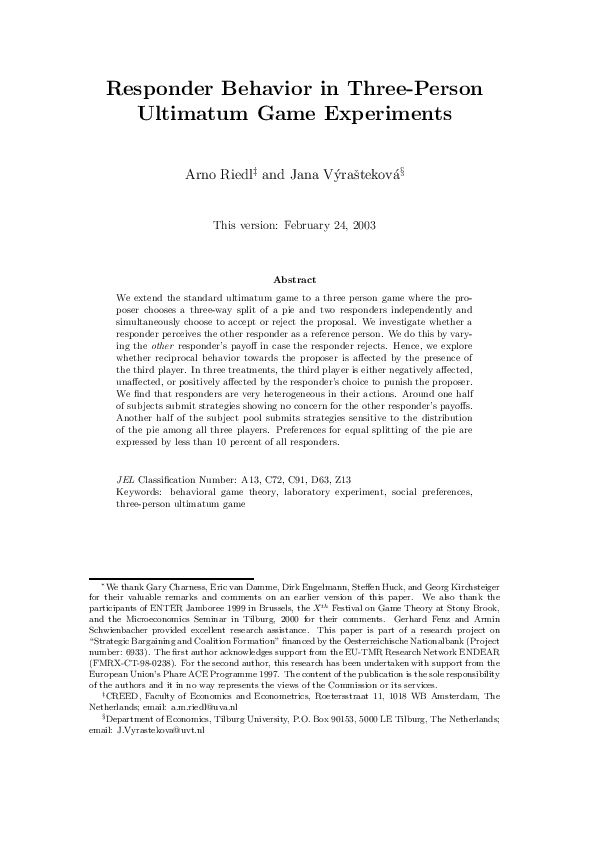(PDF) Responder behavior in three-person ultimatum game experiments