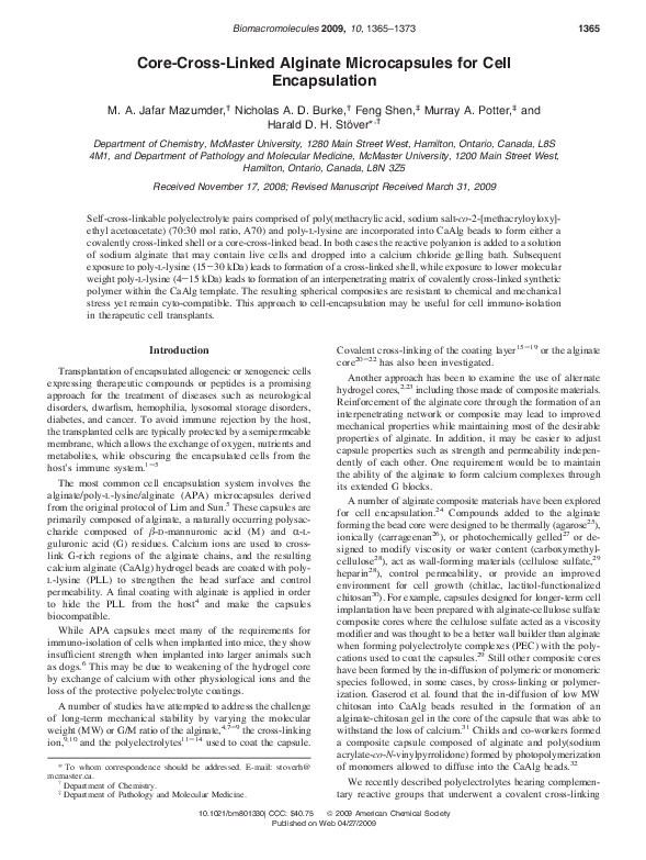(PDF) Core-Cross-Linked Alginate Microcapsules for Cell Encapsulation