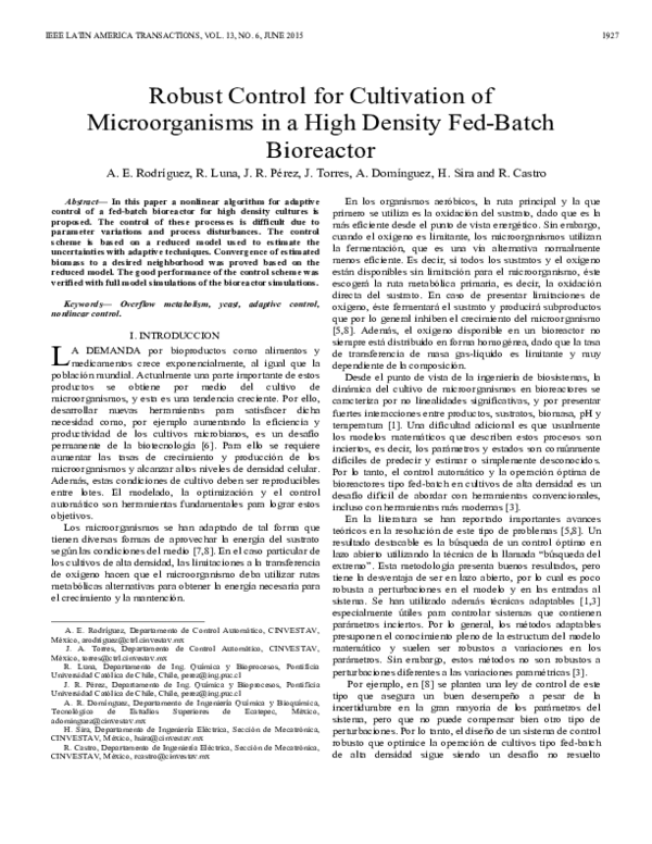 (PDF) Robust Control for cultivation of microorganisms in a high density fed-batch bioreactor