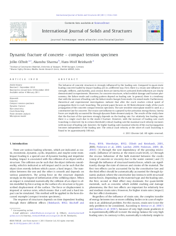 Pdf Dynamic Fracture Of Concrete Compact Tension Specimen