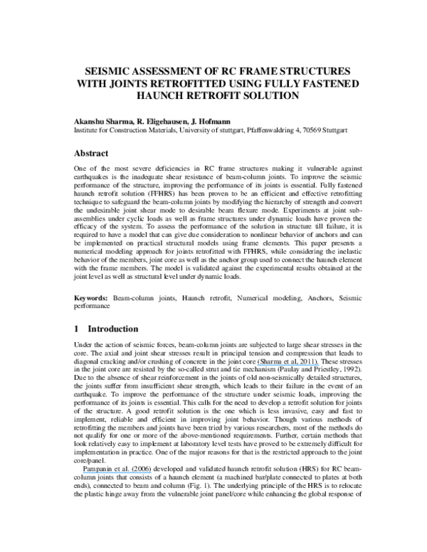 Pdf Seismic Assessment Of Rc Frame Structures With Joints Retrofitted Using Fully Fastened