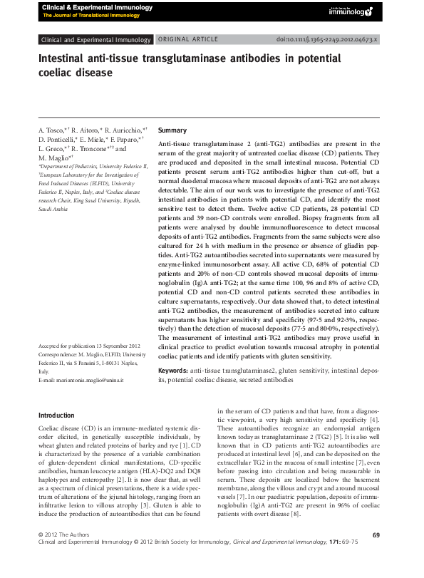 (PDF) Intestinal anti-tissue transglutaminase antibodies in potential ...
