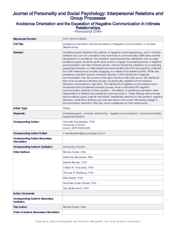 Avoidance Orientation and the Escalation of Negative Communication in ...