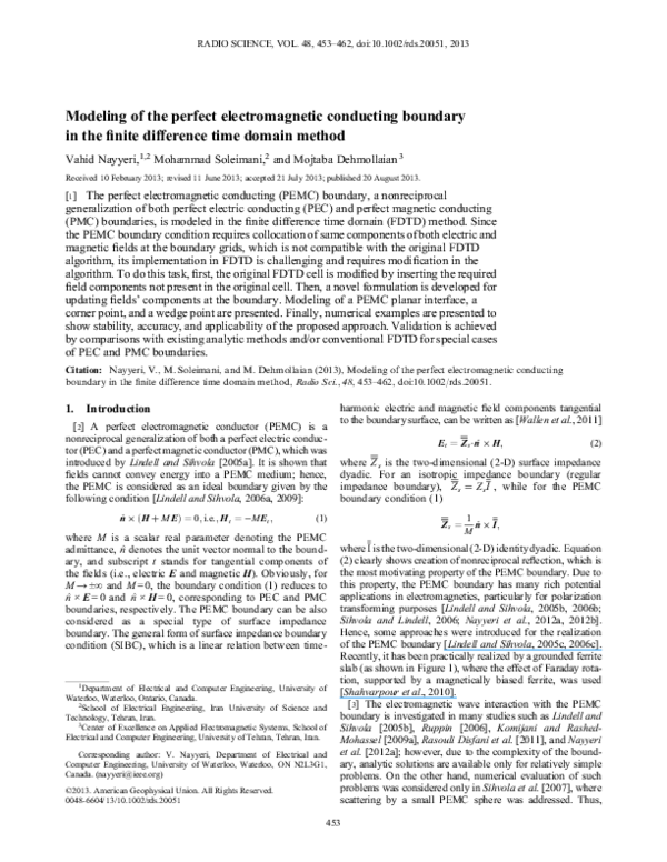 (PDF) Modeling of the perfect electromagnetic conducting boundary in the finite difference time ...