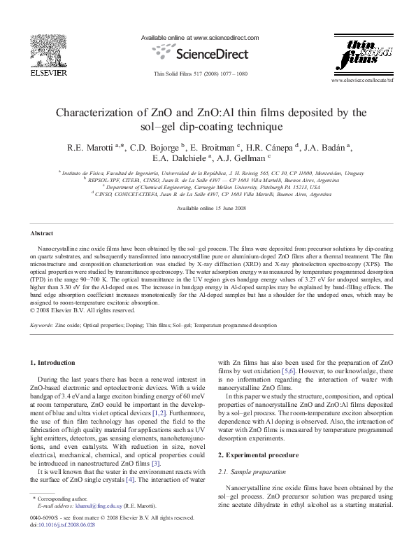 (PDF) Synthesis and Properties of ZnO/Al Thin Films Prepared by Dip-Coating Process | Gundars ...