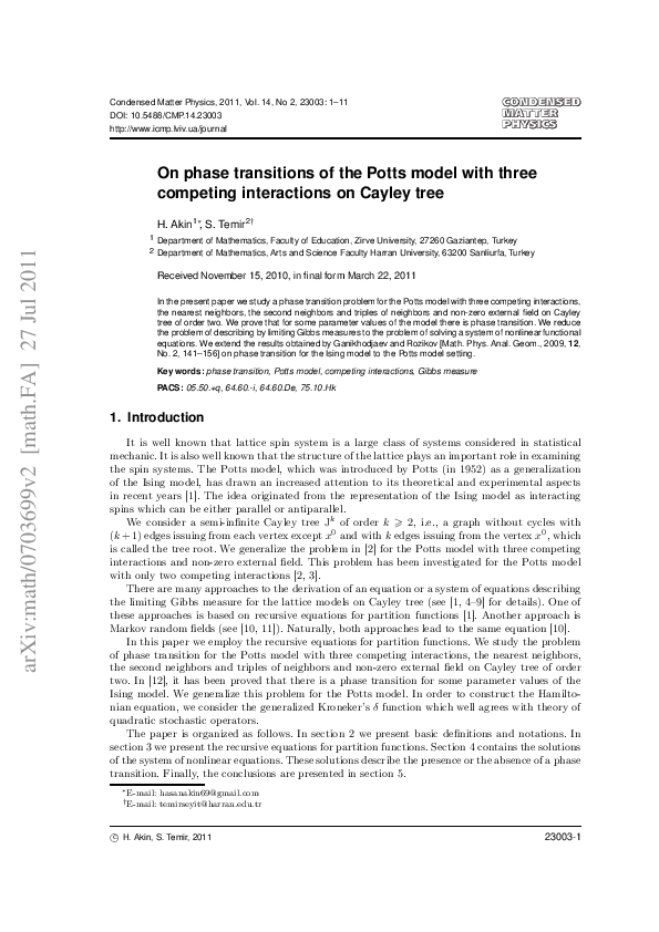(PDF) On phase transitions of the Potts model with three competing interactions on Cayley tree