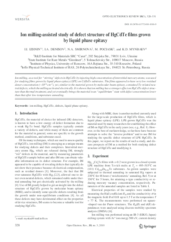 (PDF) Ion milling-assisted study of defect structure of HgCdTe films grown by liquid phase epitaxy