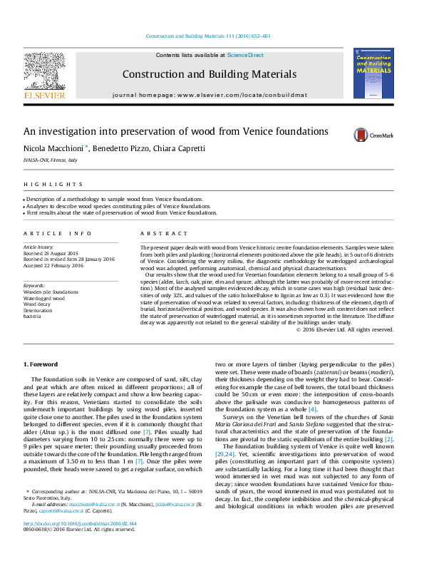(PDF) An investigation into preservation of wood from Venice foundations