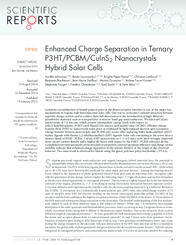 (PDF) Enhanced Charge Separation in Ternary P3HT/PCBM/CuInS2 ...