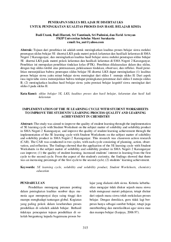 (PDF) Penerapan Siklus Belajar 5E Disertai LKS Untuk Peningkatan Kualitas Proses Dan Hasil ...