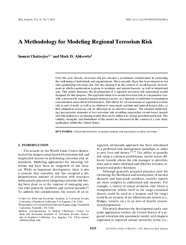 (PDF) A Methodology for Modeling Regional Terrorism Risk