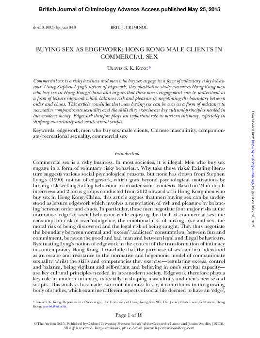 (PDF) BUYING SEX AS EDGEWORK: HONG KONG MALE CLIENTS IN COMMERCIAL SEX