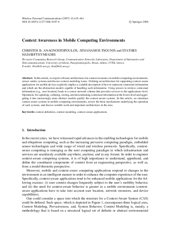 Pdf Context Awareness In Mobile Computing Environments