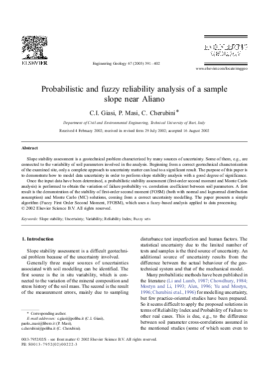 (PDF) Probabilistic and fuzzy reliability analysis of a sample slope near Aliano