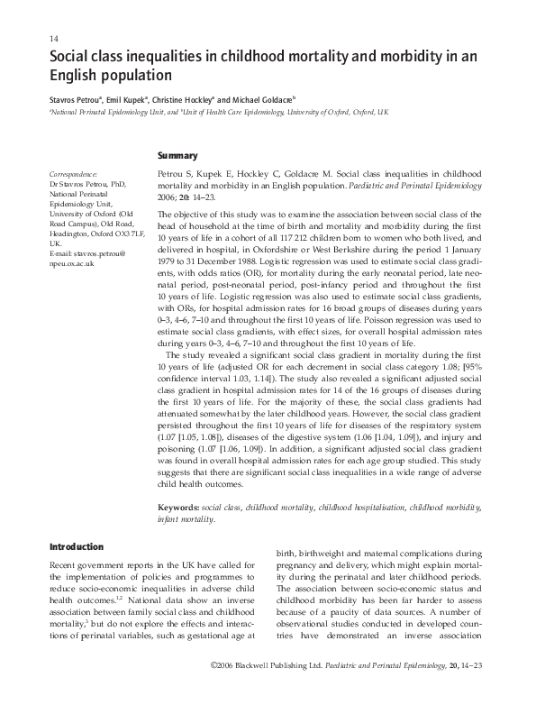 (PDF) Social class inequalities in childhood mortality and morbidity in ...