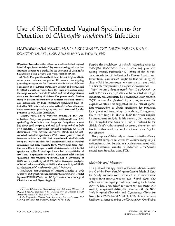 (PDF) Use of self-collected vaginal specimens for detection of Chlamydia trachomatis infection*1