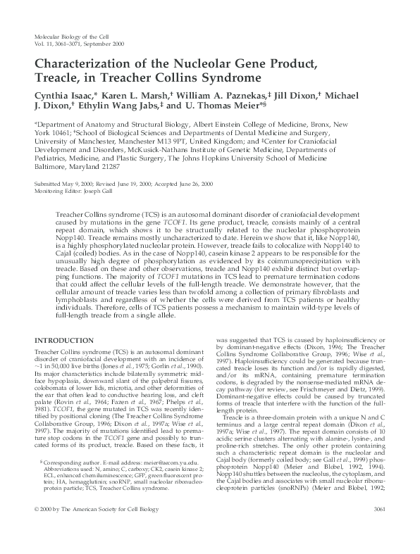 (PDF) Characterization of the Nucleolar Gene Product, Treacle, in ...