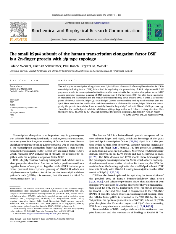 (PDF) The small hSpt4 subunit of the human transcription elongation ...
