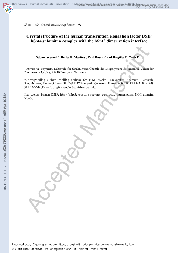 Crystal structure of the human transcription elongation factor DSIF ...