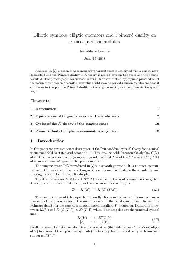 Pdf Poincaré Duality And Elliptic Symbols On Conical Pseudomanifolds