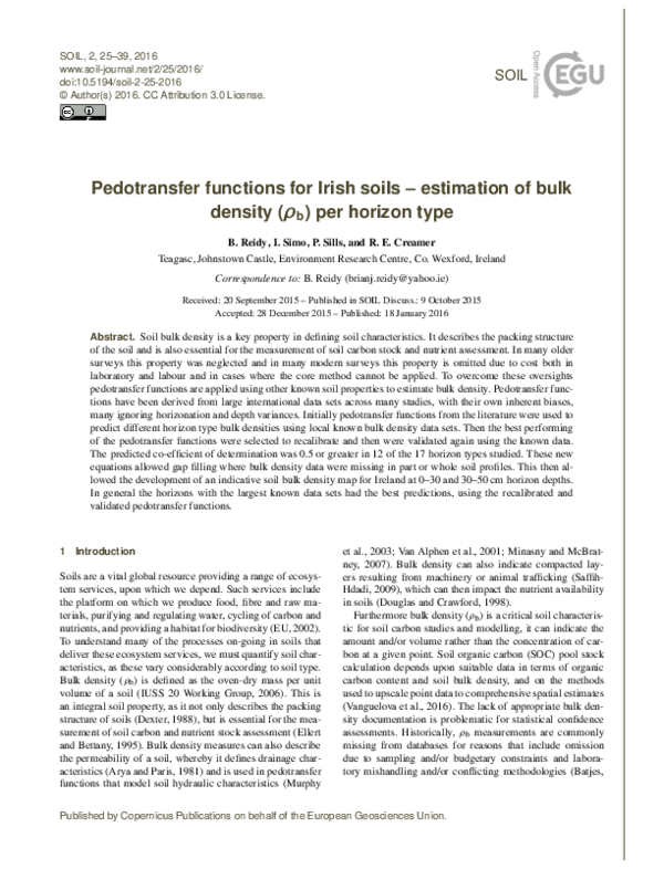 (PDF) Pedotransfer functions for Irish soils – estimation of bulk density (ρ b ) per horizon type
