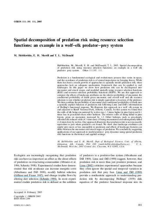 Pdf Spatial Decomposition Of Predation Risk Using Resource Selection Functions An Example In