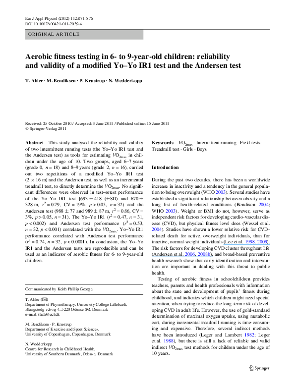 (PDF) Aerobic fitness testing in 6- to 9-year-old children: reliability ...
