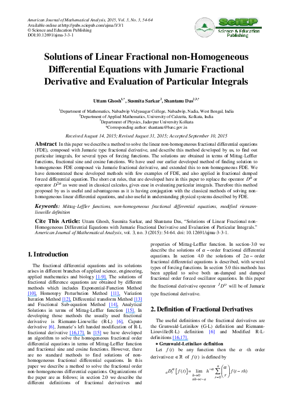 Pdf Solutions Of Linear Fractional Non Homogeneous Differential