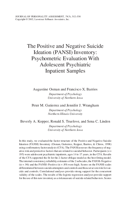 (PDF) The Positive and Negative Suicide Ideation (PANSI) Inventory ...