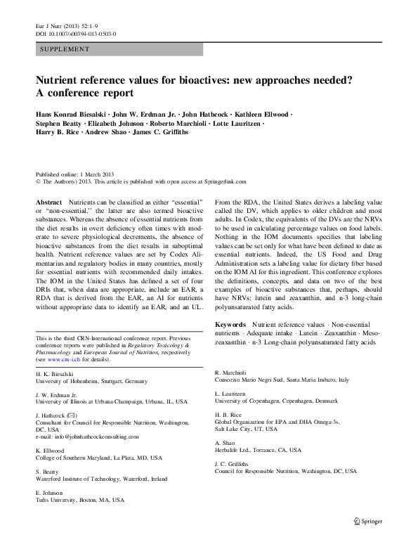 (PDF) Nutrient reference values for bioactives: new approaches needed ...