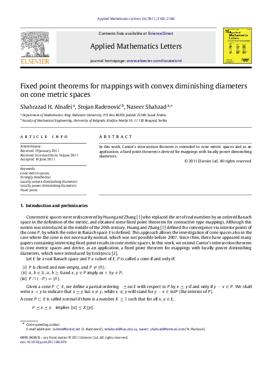Pdf Fixed Point Theorems For Mappings With Convex Diminishing Diameters On Cone Metric Spaces