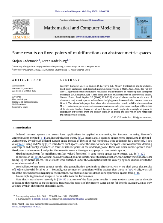 Pdf Some Results On Fixed Points Of Multifunctions On Abstract Metric